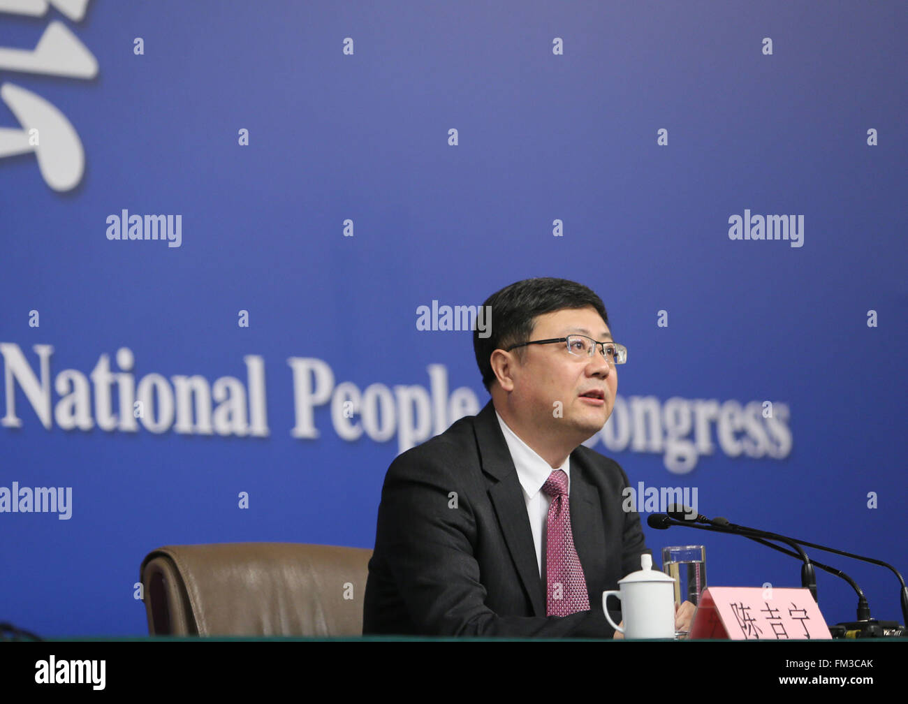 Beijing, China. 11th Mar, 2016. Chinese Minister of Environmental Protection Chen Jining gives a ...