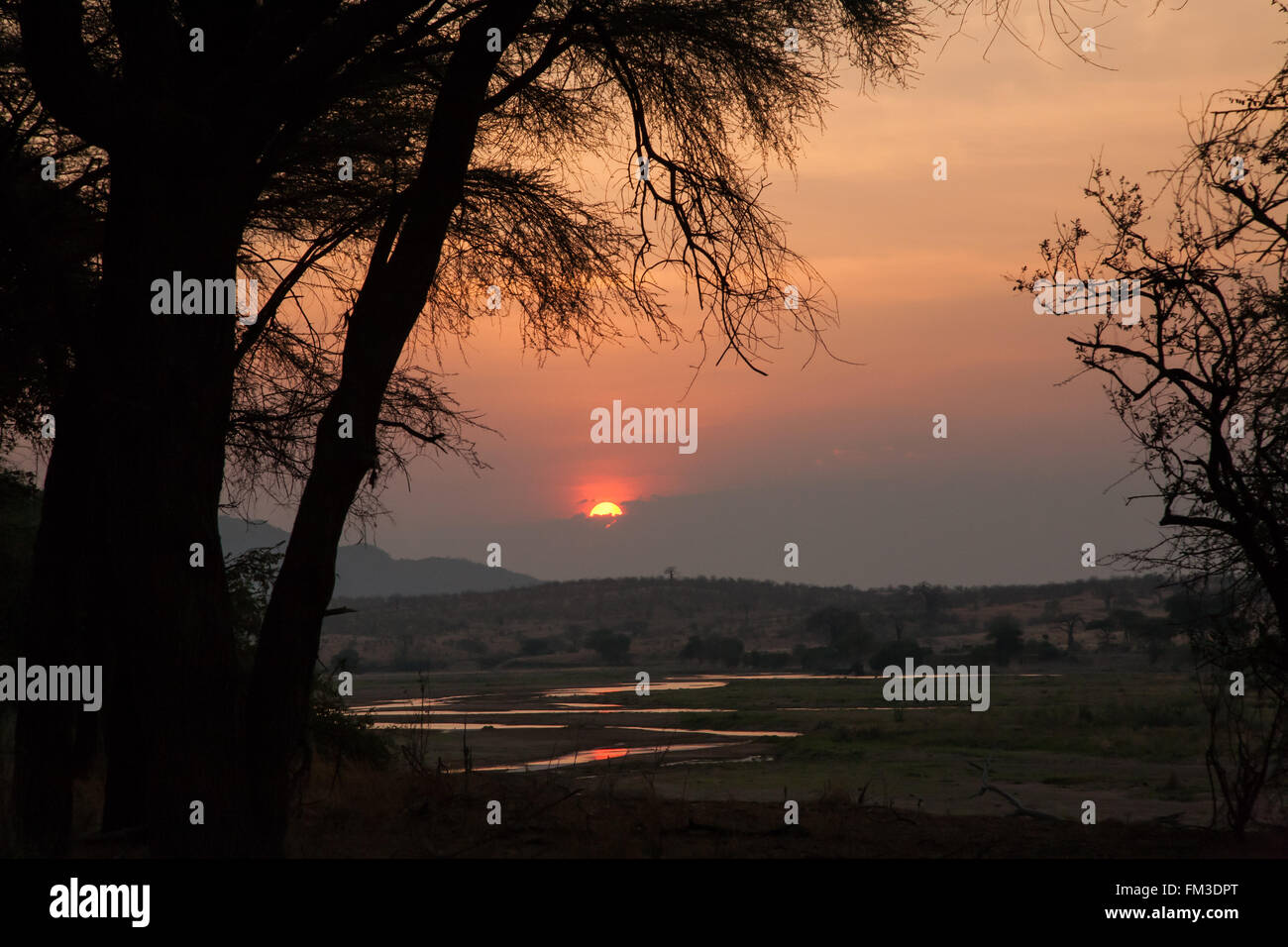 African sunset over the Great Ruaha River in Ruaha National Park Stock ...