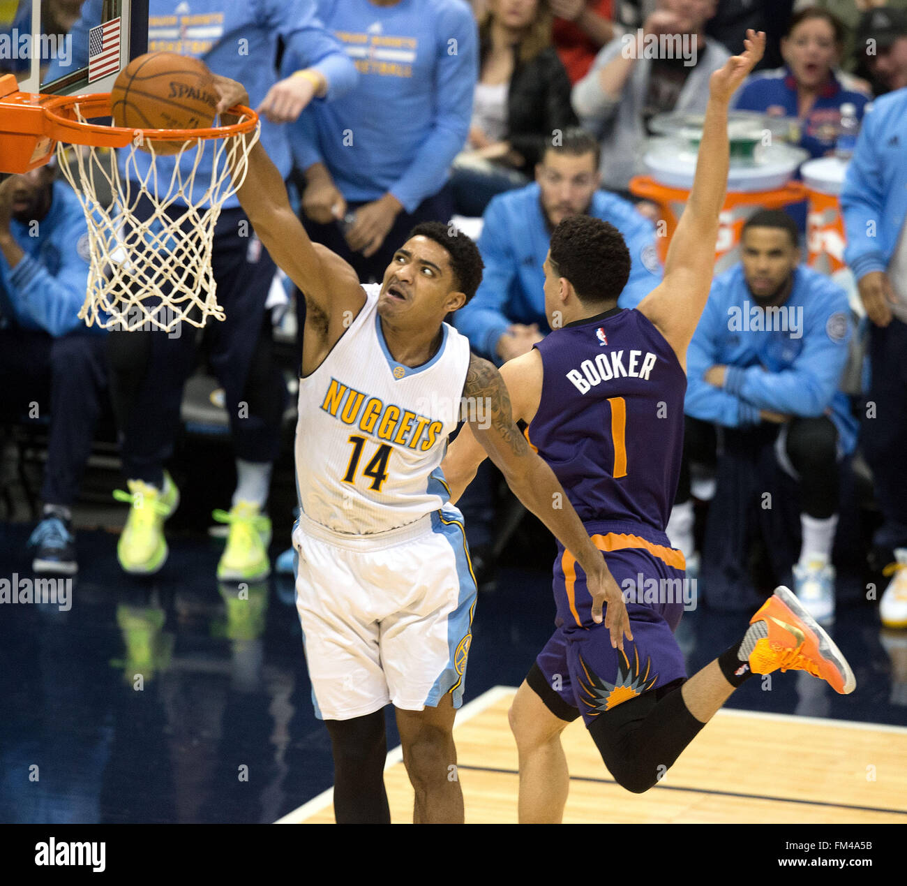 Denver, Colorado, USA. 10th Mar, 2016. Nuggets GARY HARRIS, left, goes ...