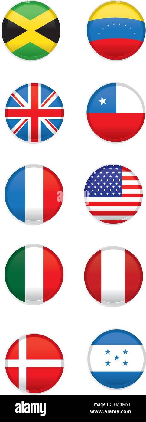 Set of different flags on round badges on a white background Stock ...
