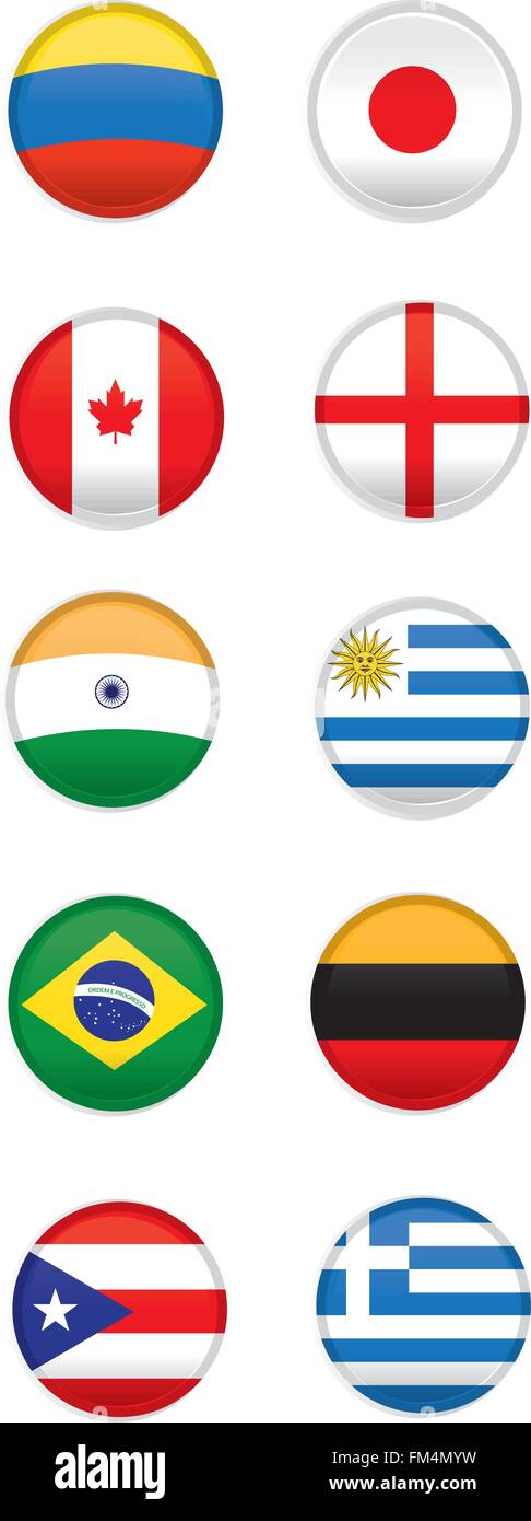Set of different flags on round badges on a white background Stock ...
