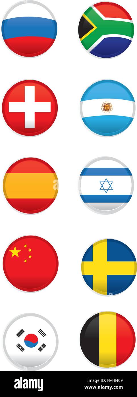 Set of different flags on round badges on a white background Stock ...