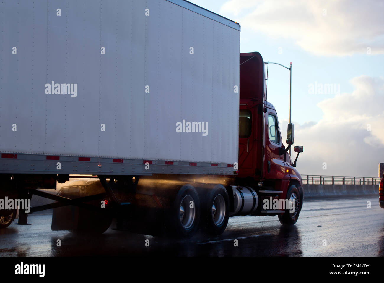 Semi Truck with day cab and roof spoiler with dry van white trailer on ...