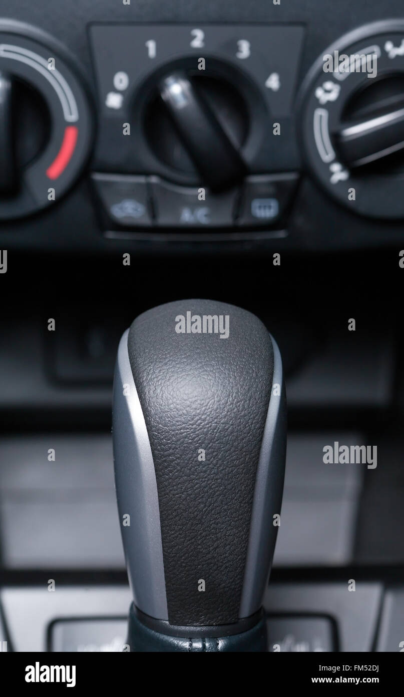 Modern car interior. Closeup of gear lever Stock Photo - Alamy