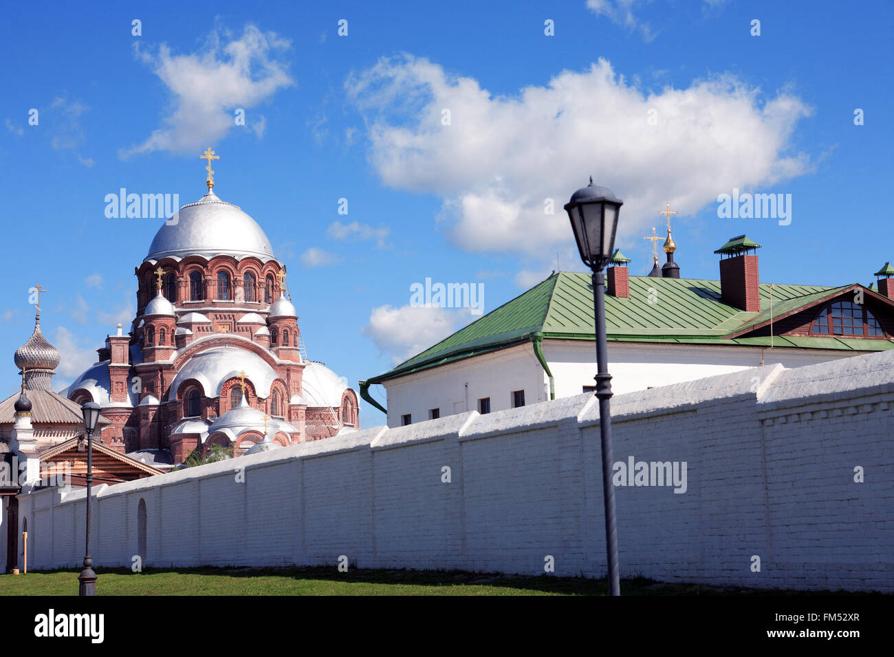 Nice old Russian Christian Cathedral against blue sky, Sviyazhsk island ...