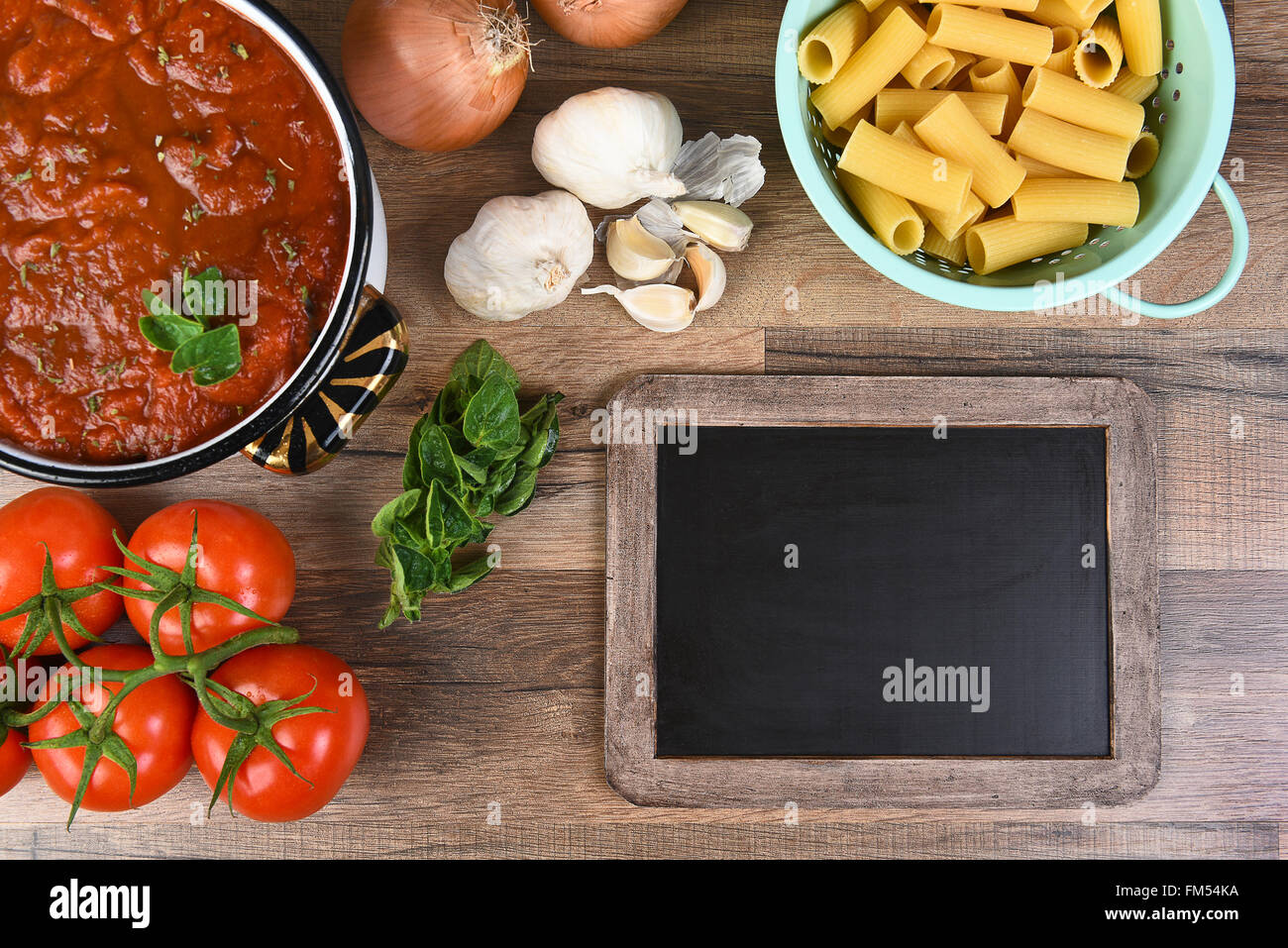 Top view of ingredients for an Italian Meal. Horizontal format with a ...