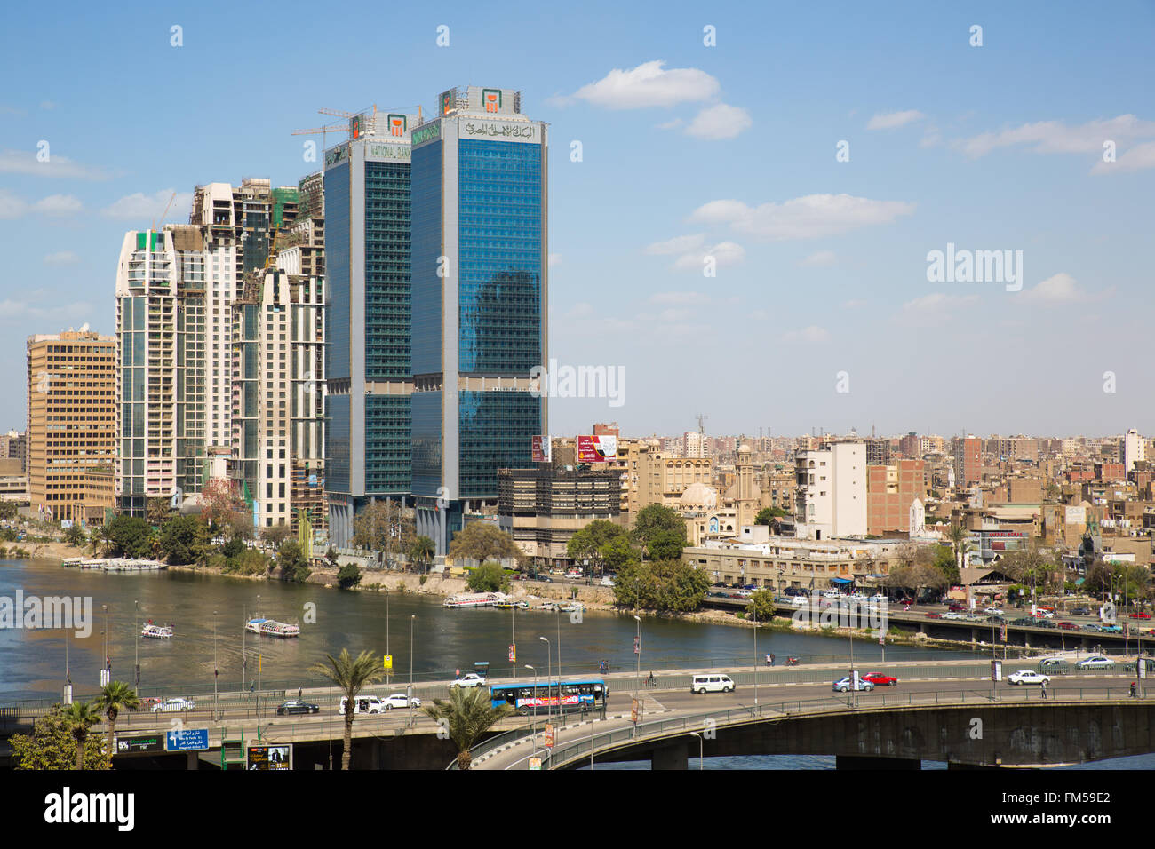 Cairo, Egypt - March 4, 2016: The 15th May bridge, the Nile river & the ...