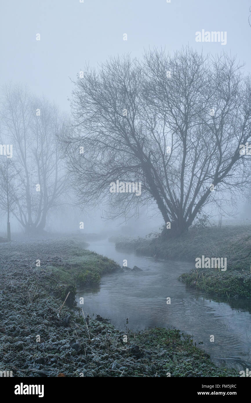 The River Lea meanders it's way through the dense fog on a frosty ...