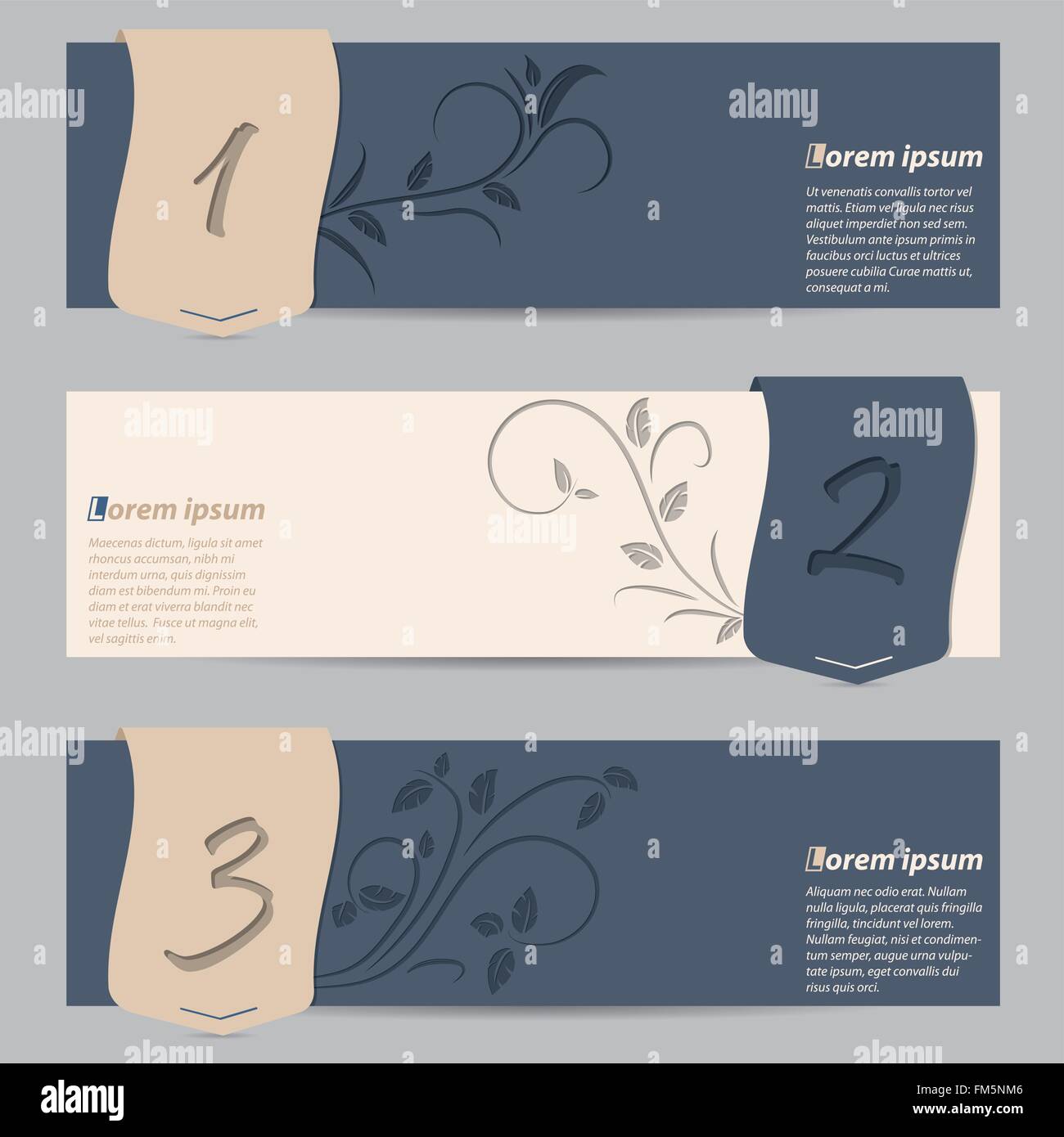 Cool slate blue banner set with numbered ribbons and floral elements ...