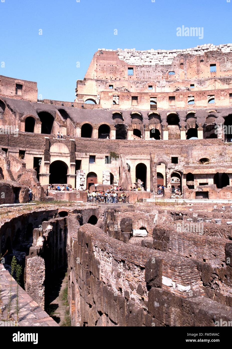 View of the inside of the Roman Colosseum showing the underground ...