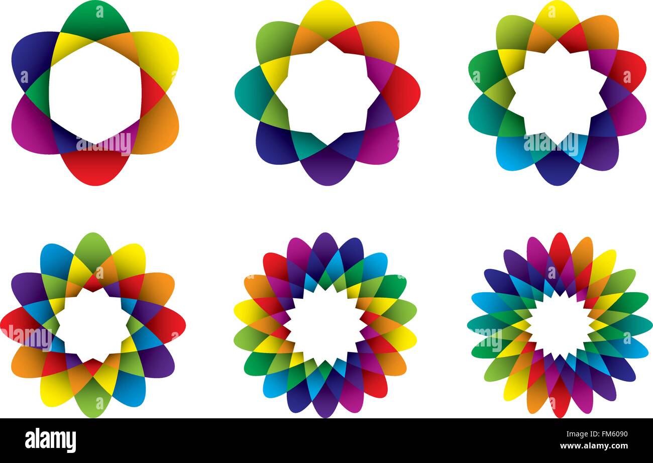 Rainbow colored geometric flower symbols with different numbers of ...