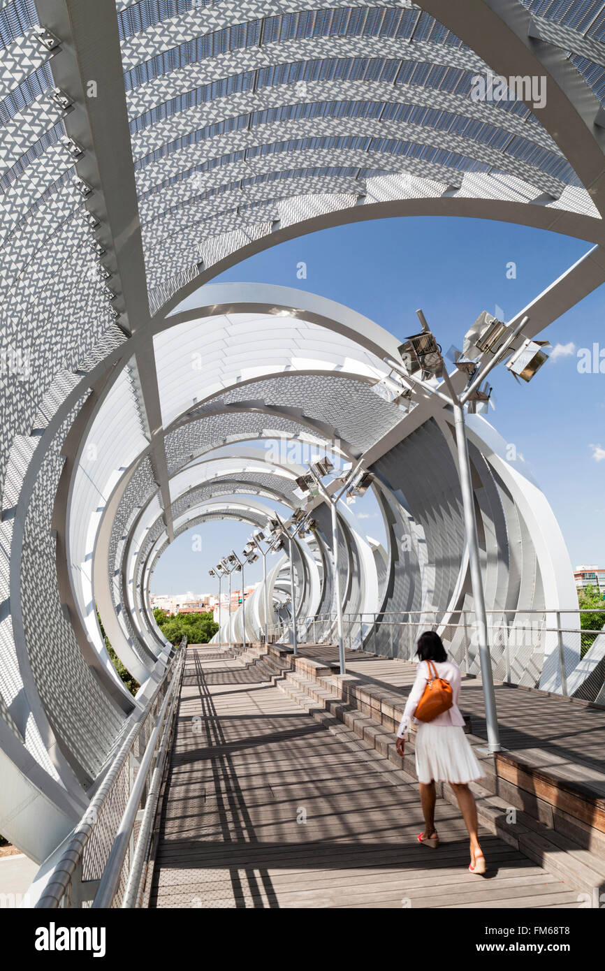 A view of a modern new bridge structure in Madrid called The Pasarela ...