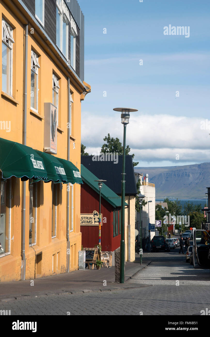 A street view of Reykjavik, in Iceland, with the main high street in ...