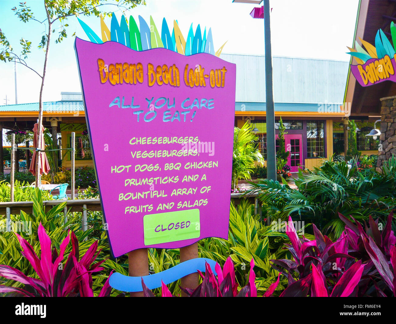 Sign at the Banana Beach cook-out, Aquatica, Florida Stock Photo - Alamy