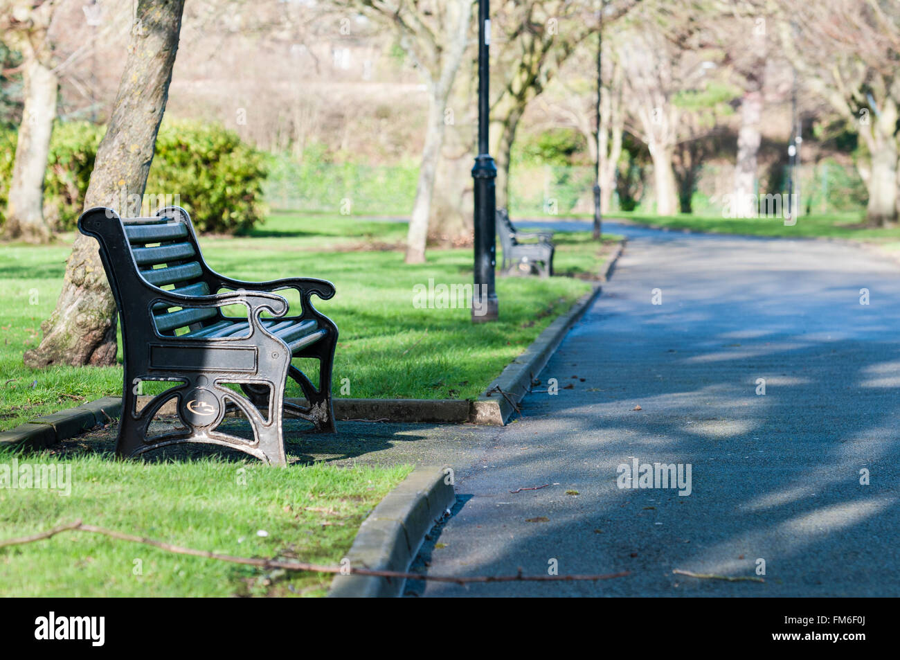 Benches along the path of an empty park Stock Photo - Alamy