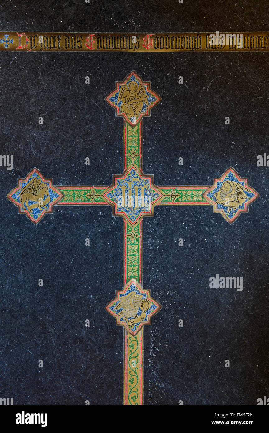 Black purbeck ledger with victorian brass and enamel inlaid cross on ...