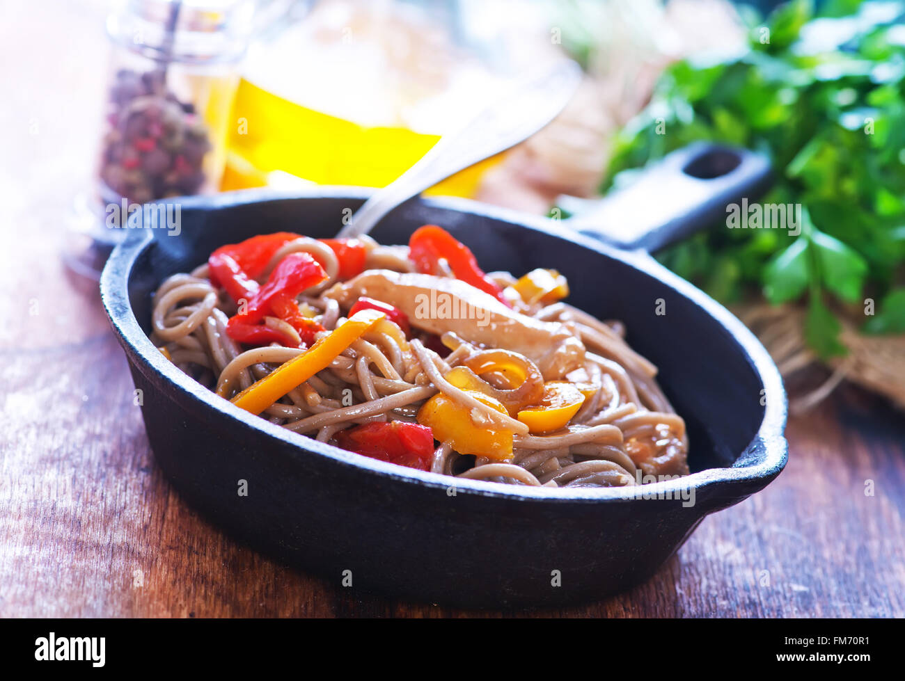 soba with meat and vegetables in the pan Stock Photo - Alamy