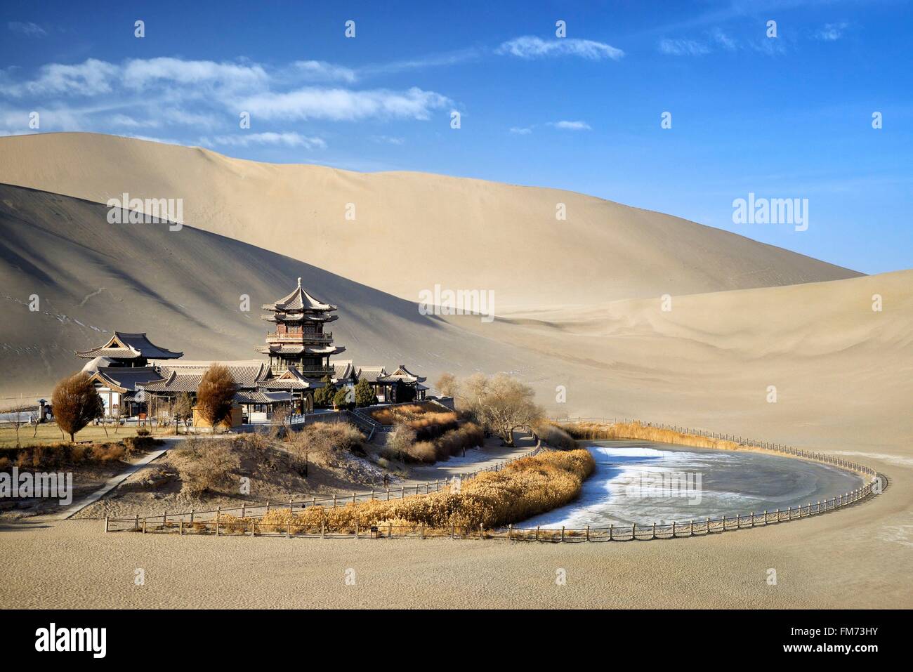 China, Gansu Province, Dunhuang, Crescent Lake (Yueyaquan), temple in ...