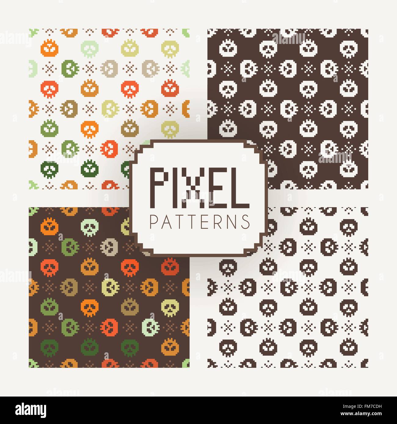 Set of vector seamless colorful and monochrome patterns of pixel skulls ...