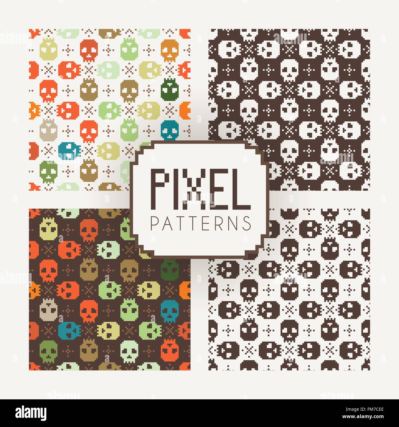 Set of vector seamless colorful and monochrome patterns of pixel skulls ...