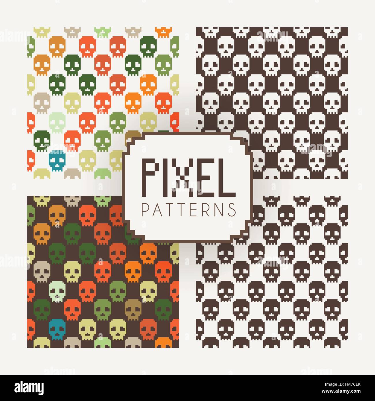 Set of vector seamless colorful and monochrome patterns of pixel skulls ...