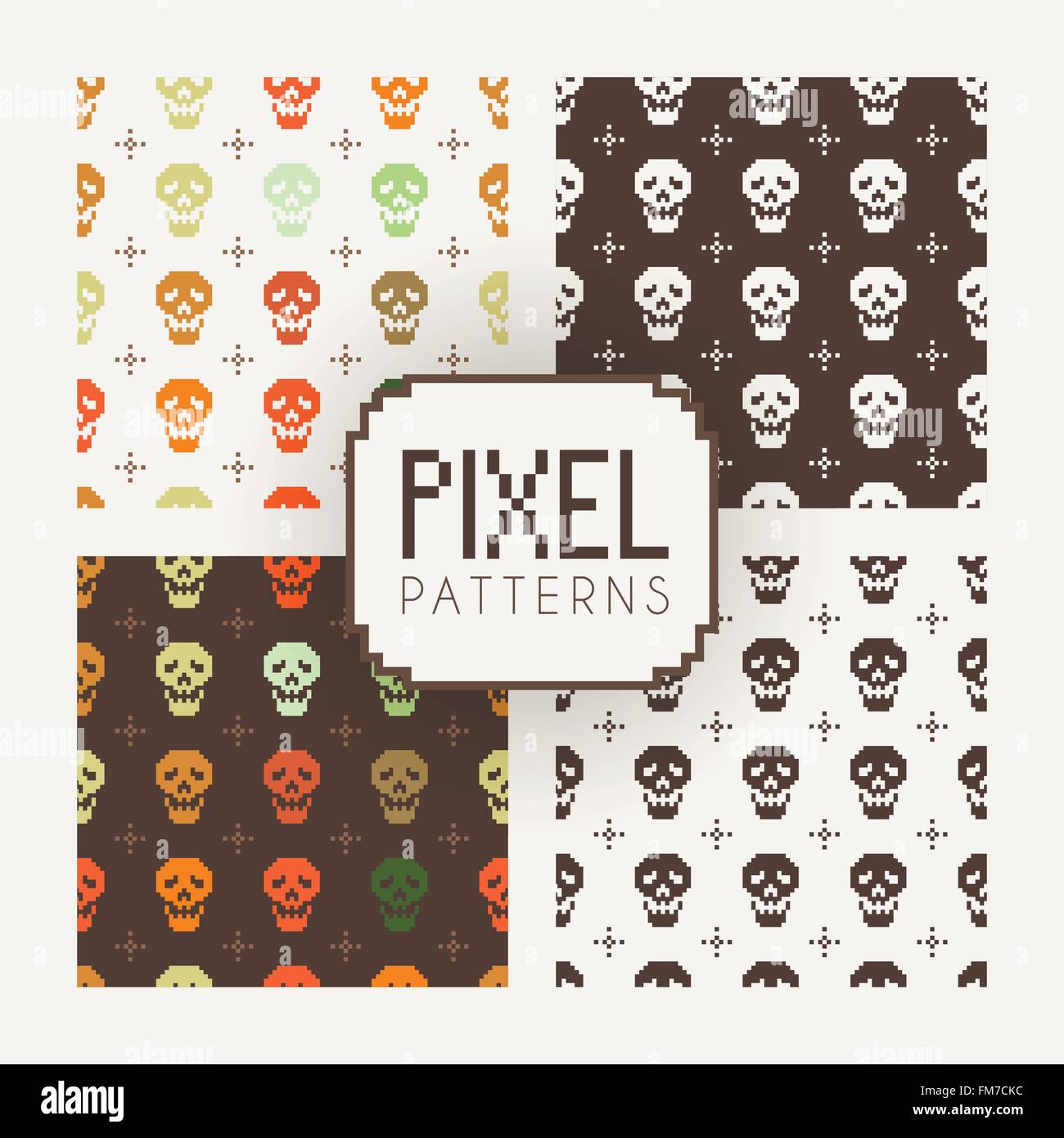 Set of vector seamless colorful and monochrome patterns of pixel skulls ...