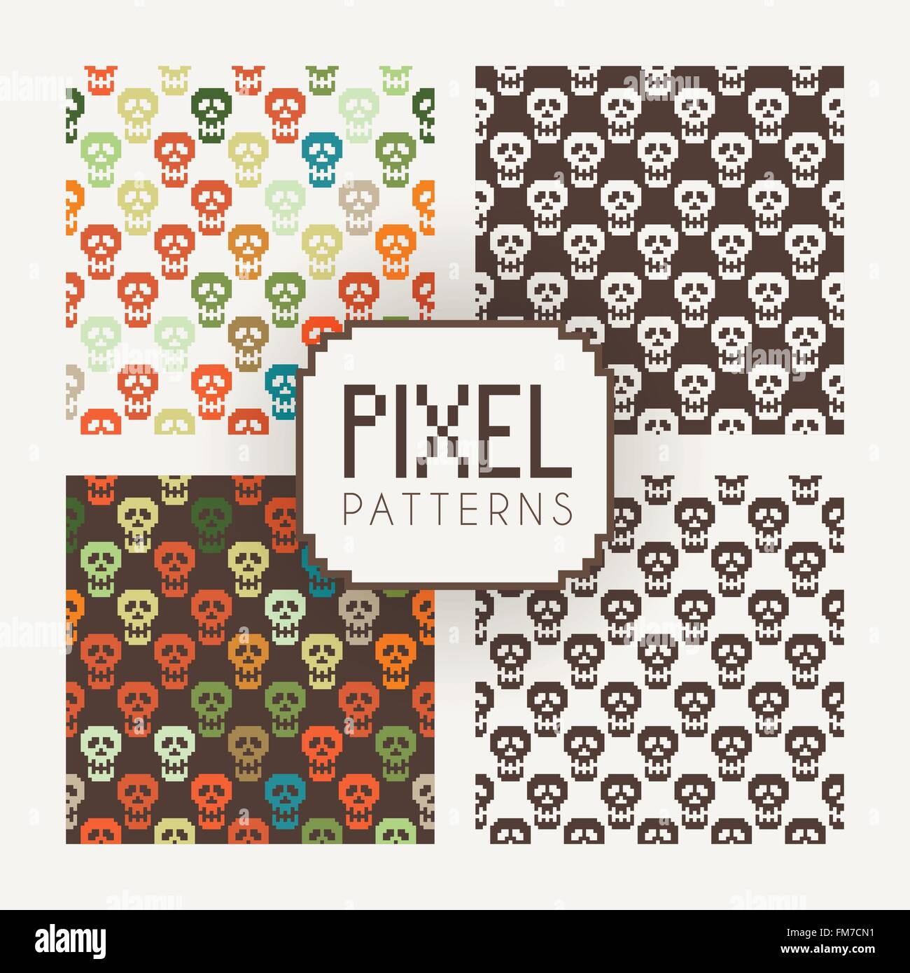 Set of vector seamless colorful and monochrome patterns of pixel skulls ...