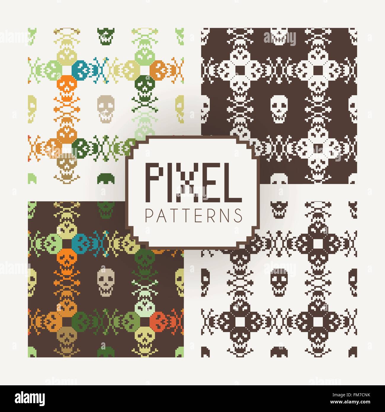 Set of vector seamless colorful and monochrome patterns of pixel skulls ...