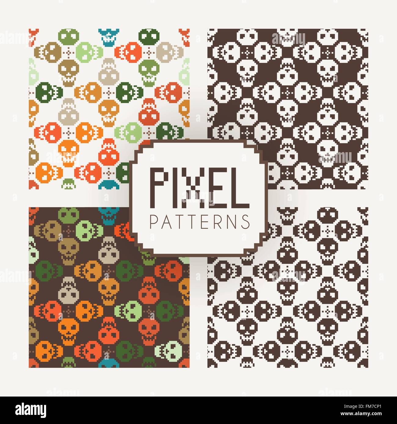 Set of vector seamless colorful and monochrome patterns of pixel skulls ...