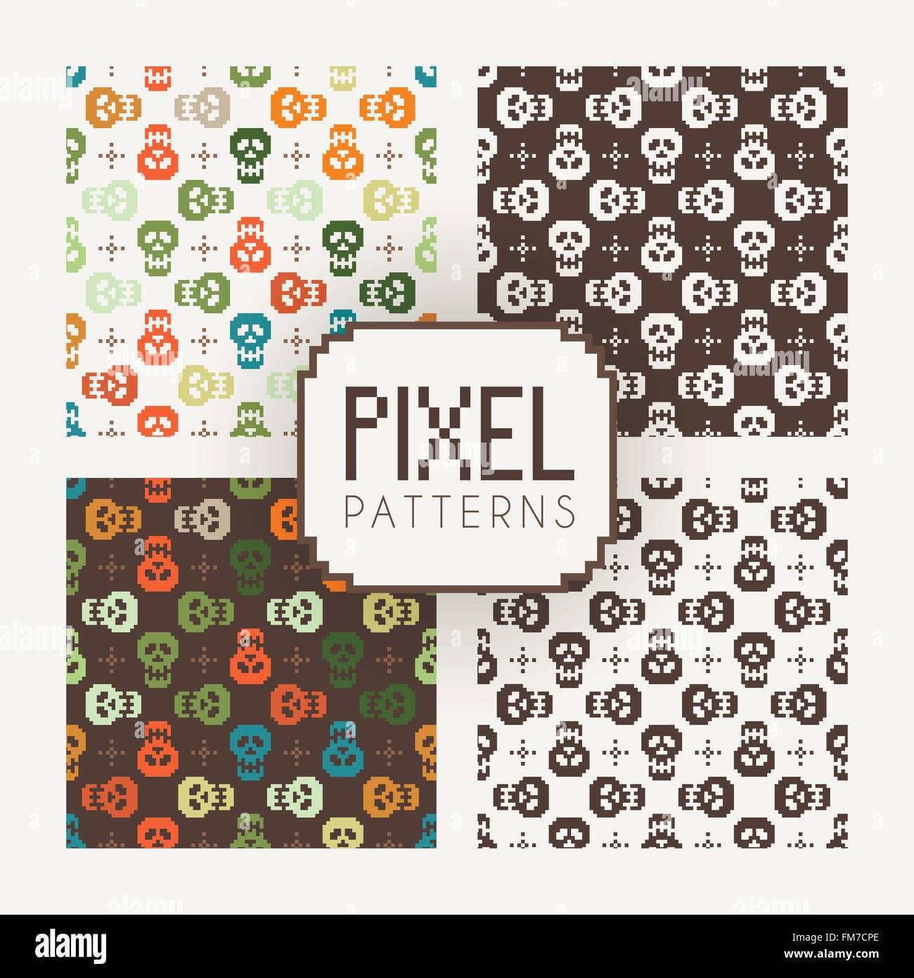 Set of vector seamless colorful and monochrome patterns of pixel skulls ...