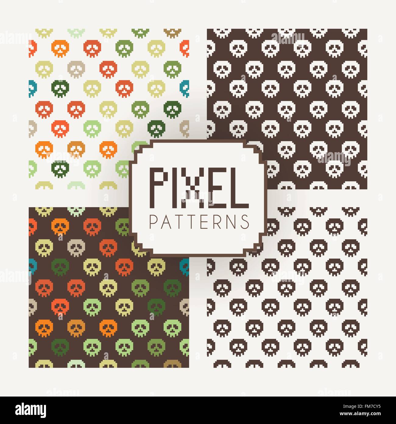 Set of vector seamless colorful and monochrome patterns of pixel skulls ...
