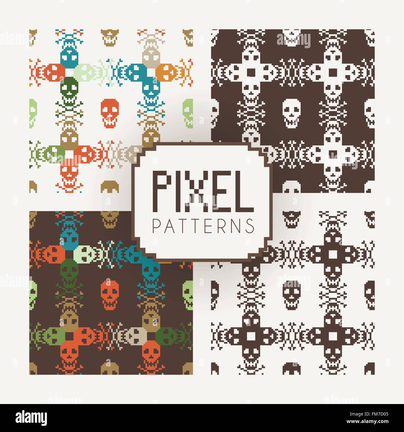 Set of vector seamless colorful and monochrome patterns of pixel skulls ...