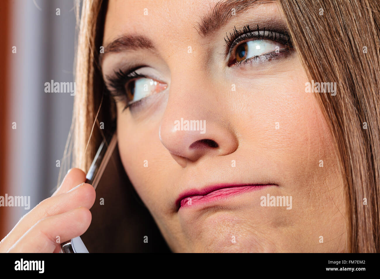 Emotions and communication message. Young stressed woman talk make a ...