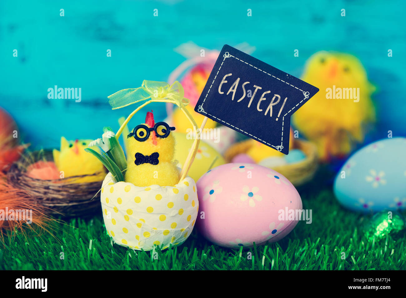 a funny teddy chick, emerging from a dot-patterned eggshell, with a ...