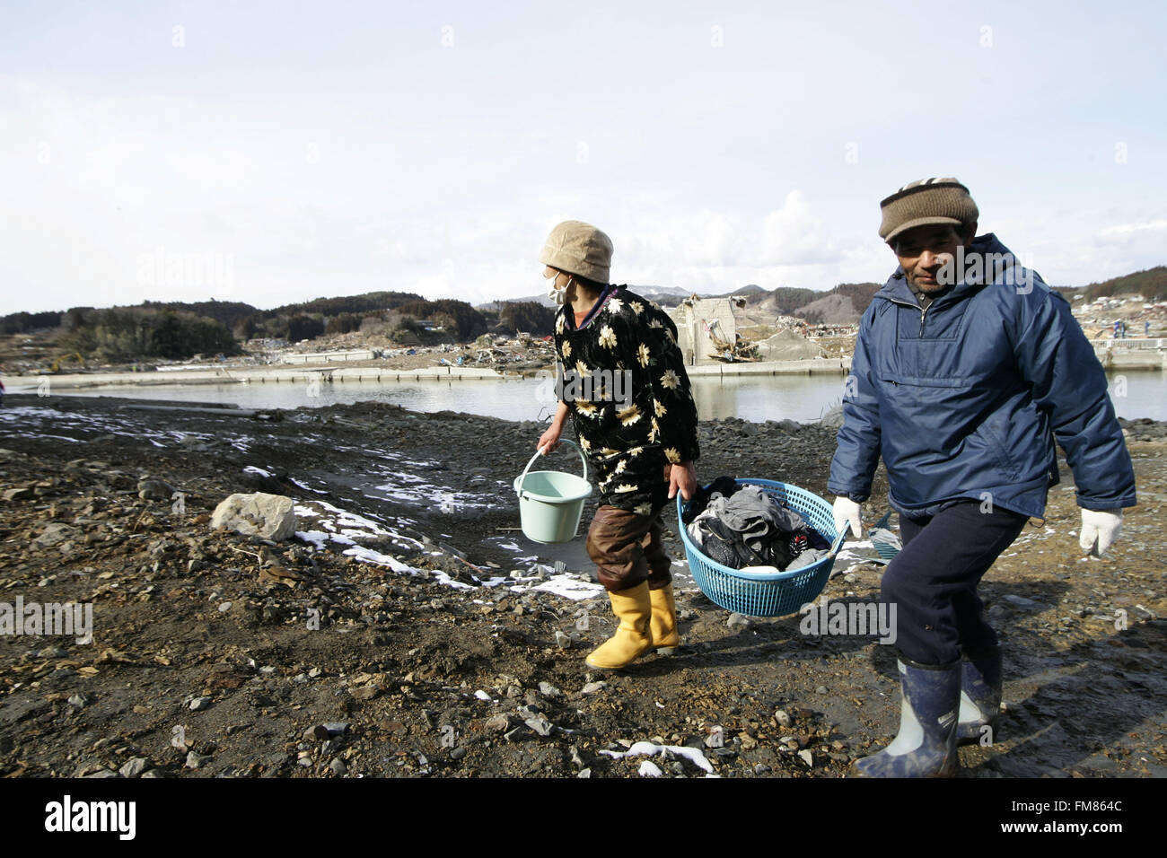 Sanriku Minami, Miyagi Prefecture, Japan. 17th Mar, 2011. Survivors ...