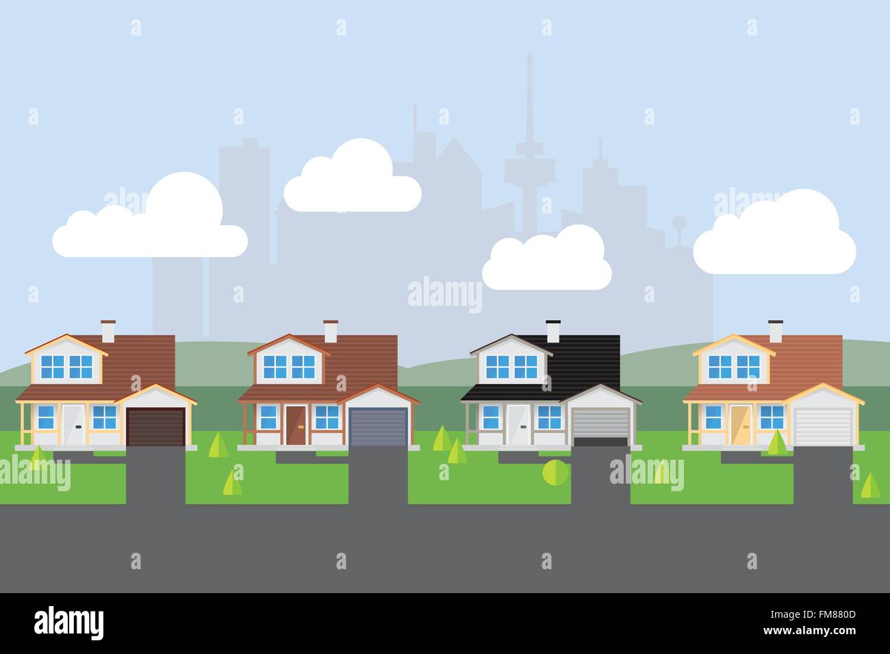 American suburban street with almost similar houses. City skyline ...