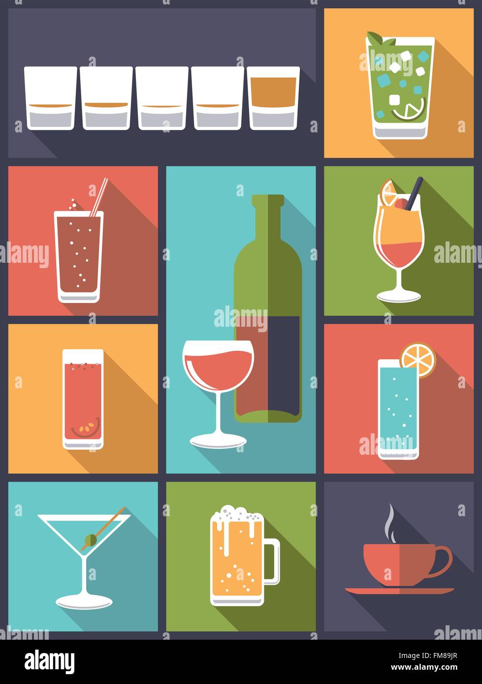 Vertical flat design illustration with various drinks and beverages ...