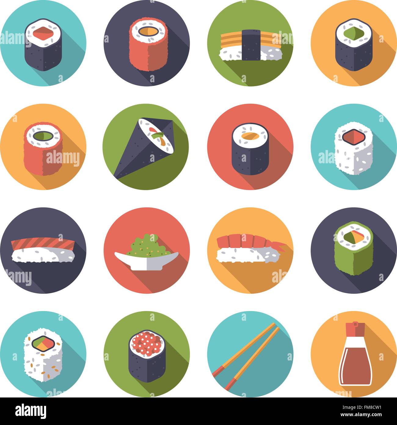Set of 16 sushi related icons in circles, flat design, long shadow ...