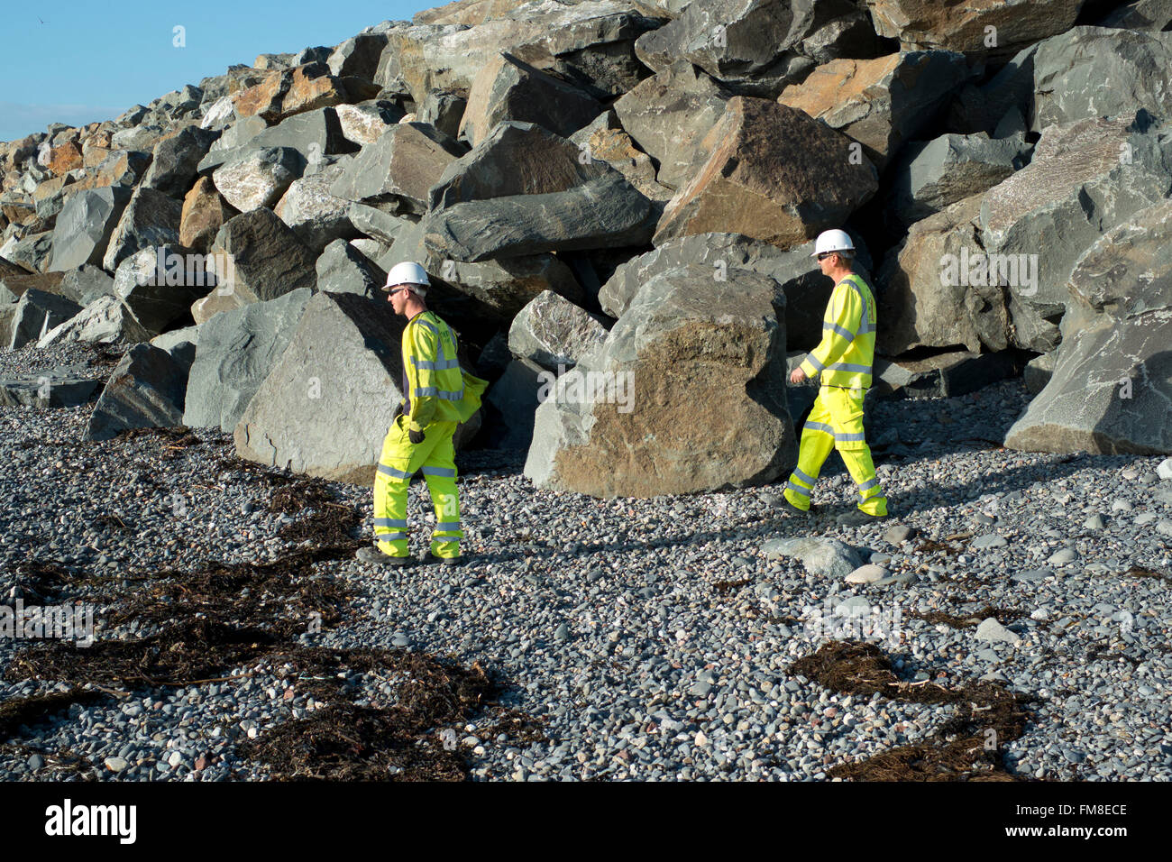 Stone brought by sea from Scandinavia to form flood defences at Borth ...