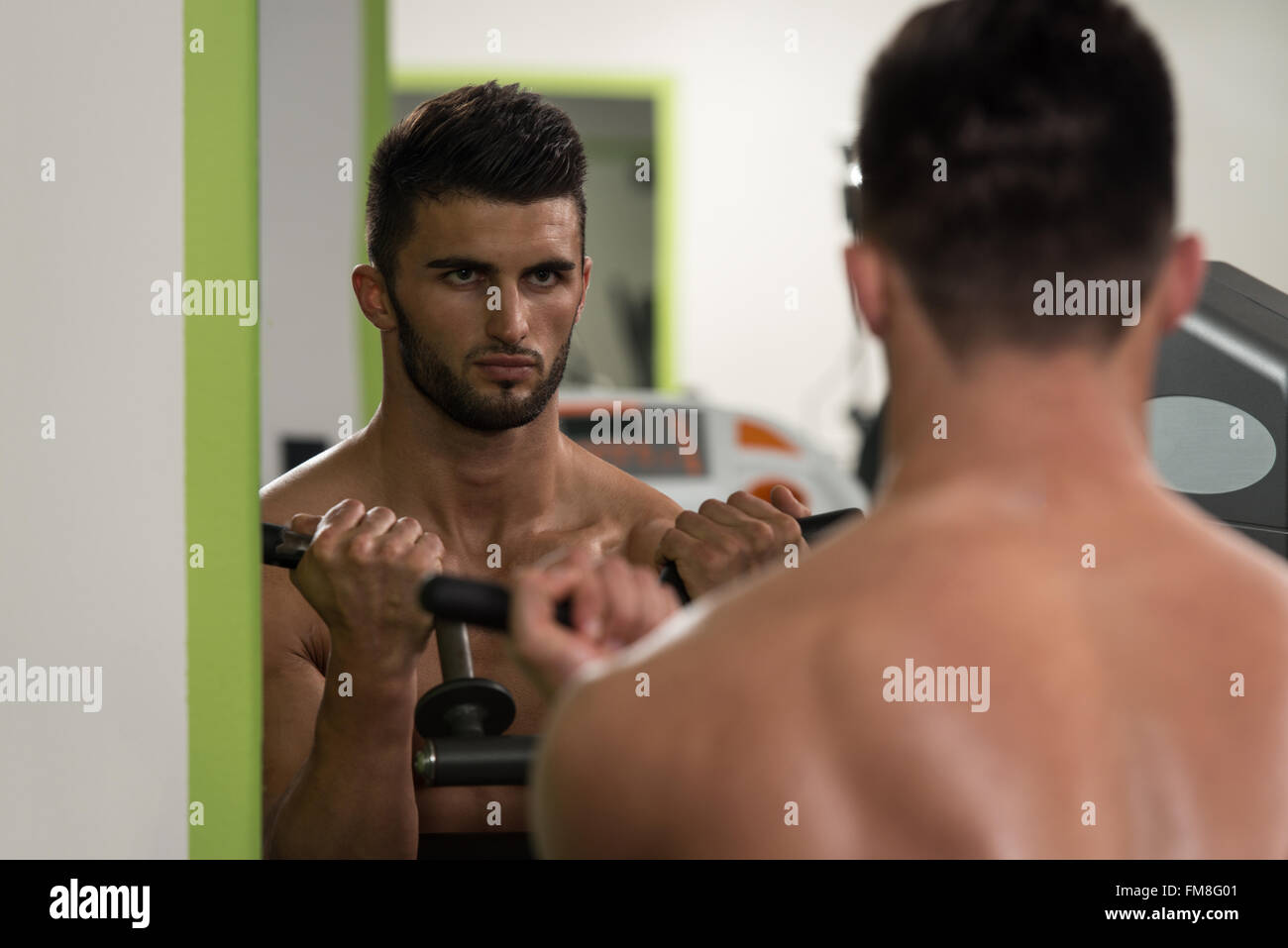 Young Healthy Arabic Man Working Out Biceps - Machine Concentration ...