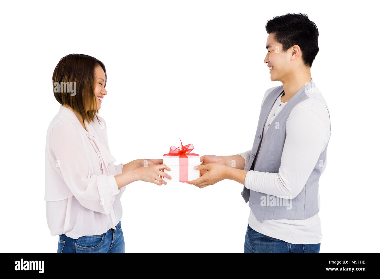 Woman receiving present box Cut Out Stock Images & Pictures - Alamy