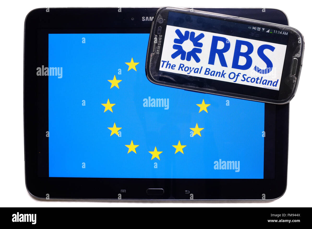 A smartphone with the RBS logo on it on top of a tablet with the EU ...