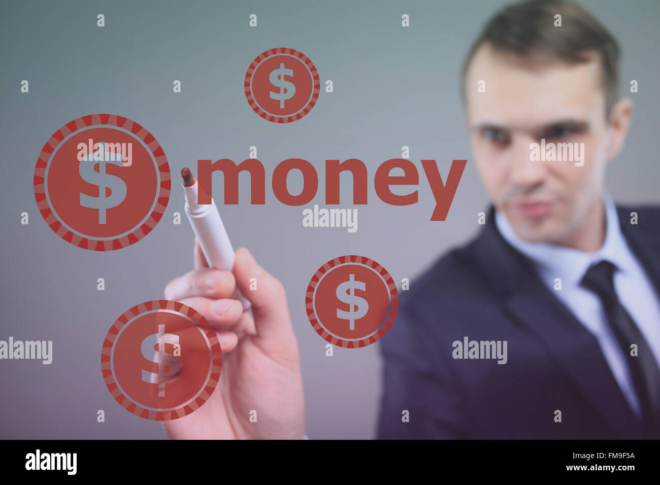 Businessman writing Money with marker on transparent wipe board. dollar ...