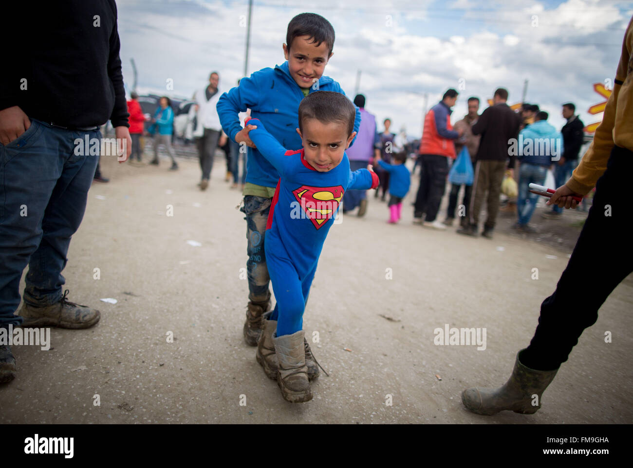 Idomeni, Greece. 11th Mar, 2016. A boy in a Superman costume playing in ...