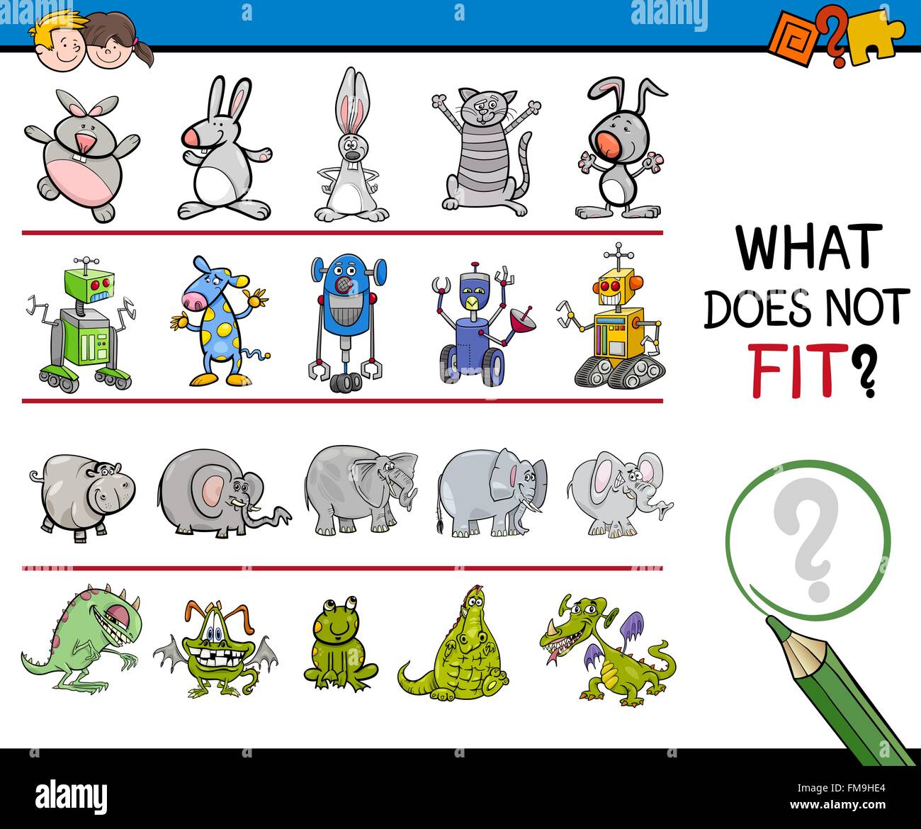 Cartoon Illustration of Finding Improper Item in the Row Educational ...