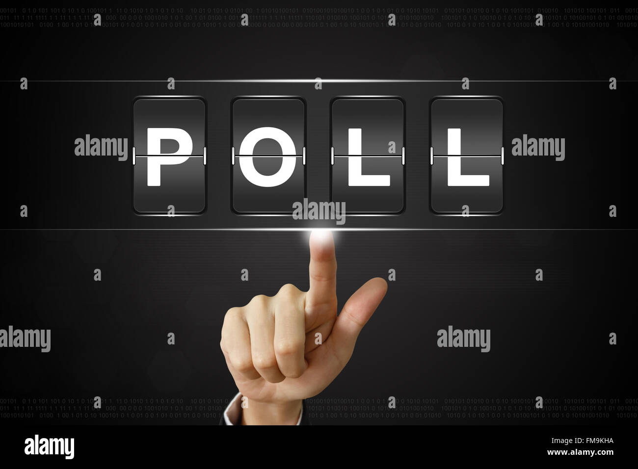 business hand pushing poll on Flipboard Display Stock Photo - Alamy