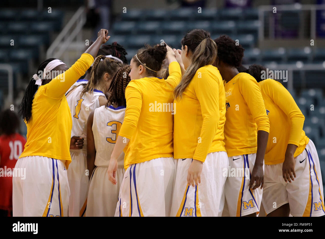 Katy, TX, USA. 11th Mar, 2016. The McNeese State Cowgirls huddle together prior to the women's ...
