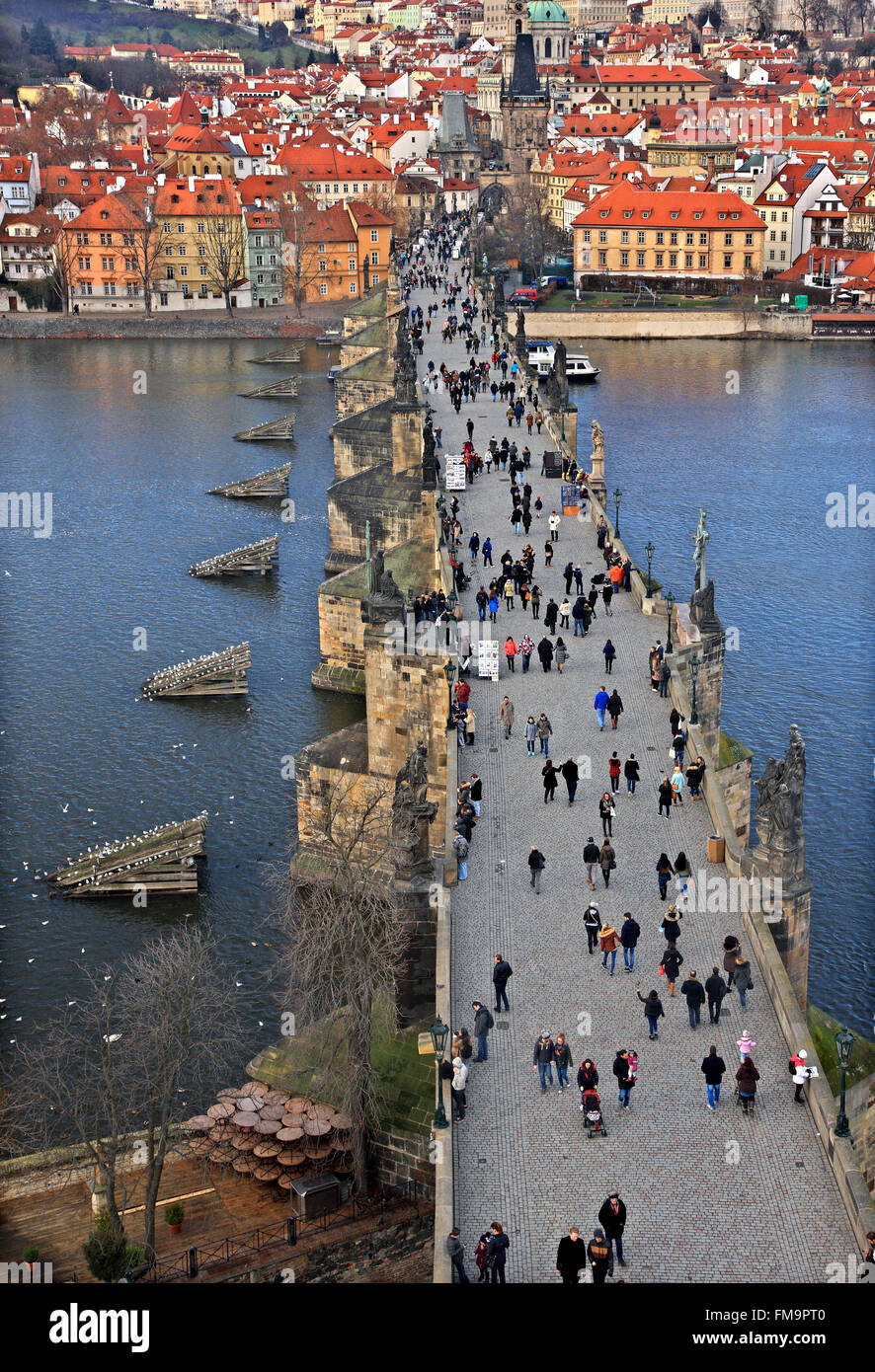 Charles' Bridge, Vltava river, and Mala Strana. View from one of the ...