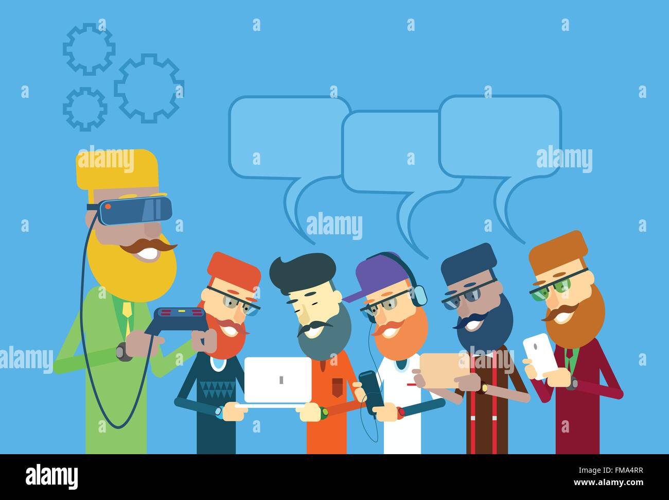 Casual Man Group Hold Laptop, Tablet, Smart Phone, Remote Console Wear ...