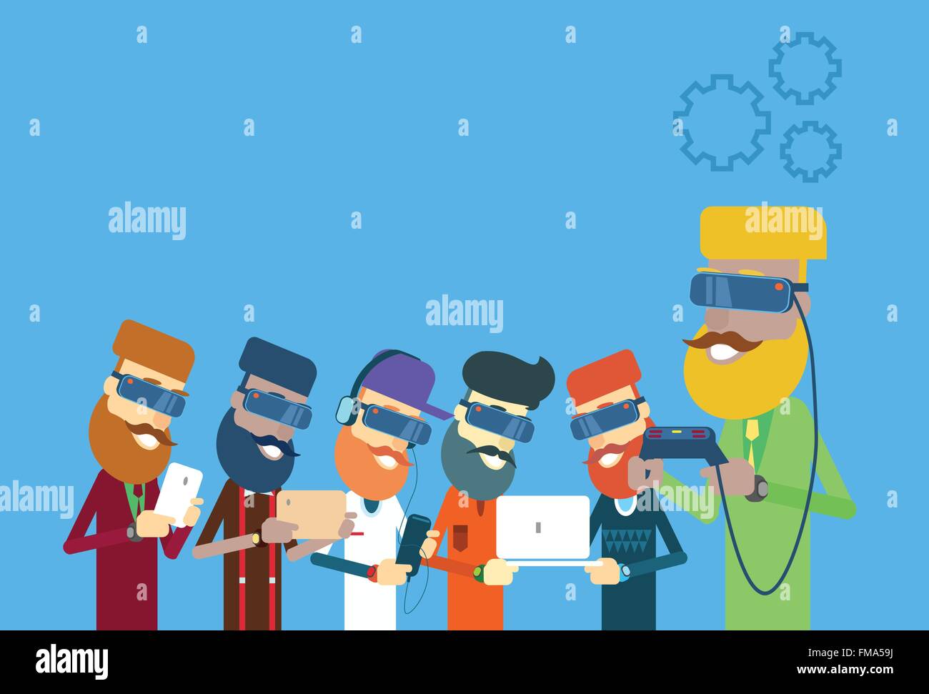 Casual Man Group Hold Laptop, Tablet, Smart Phone, Remote Console Wear ...